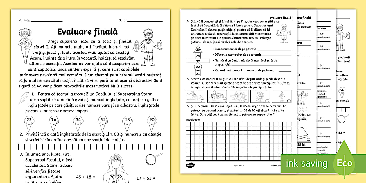 Fișă de evaluare finală - MEM - Clasa I - Twinkl România