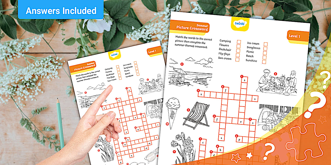 Summer Themed Fun Picture Crossword Puzzle - Kids Puzzles