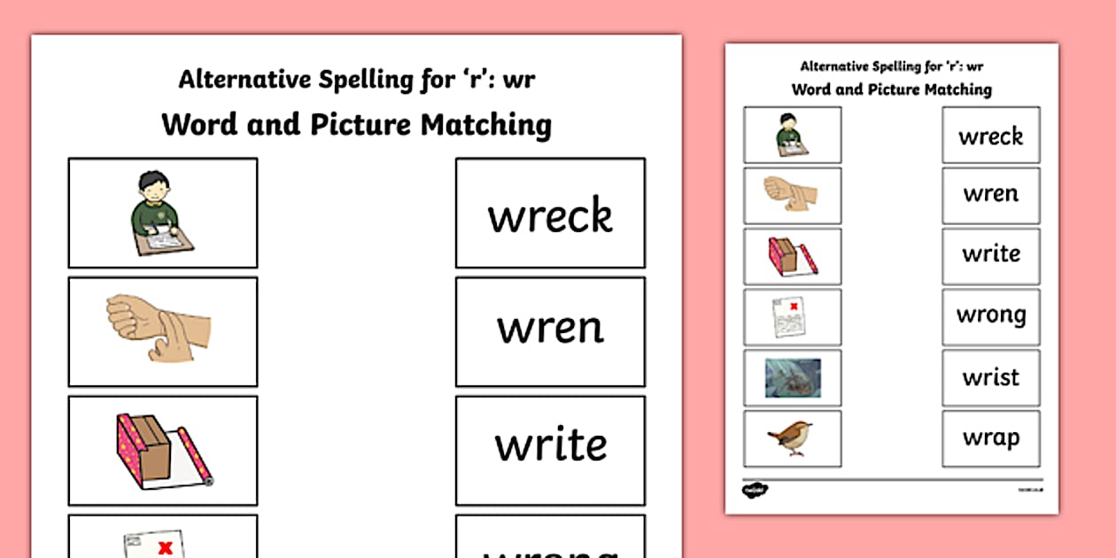 ‘wr’ Words phonics word and picture matching worksheet