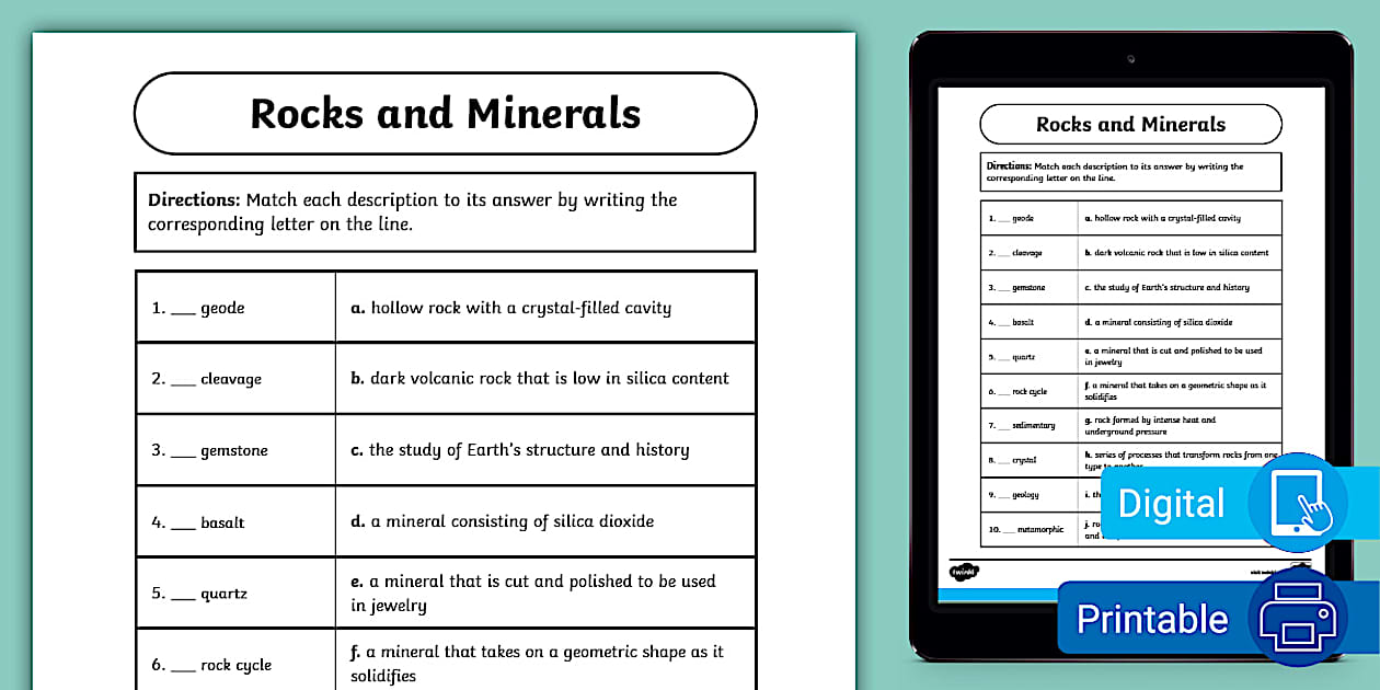 Sixth Grade Rocks and Minerals Matching Assessment - Twinkl