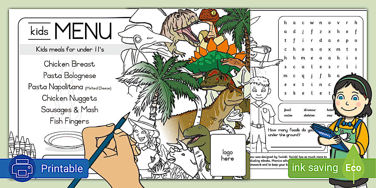 Dinosaur Restaurant Activity Sheet with Editable Menu