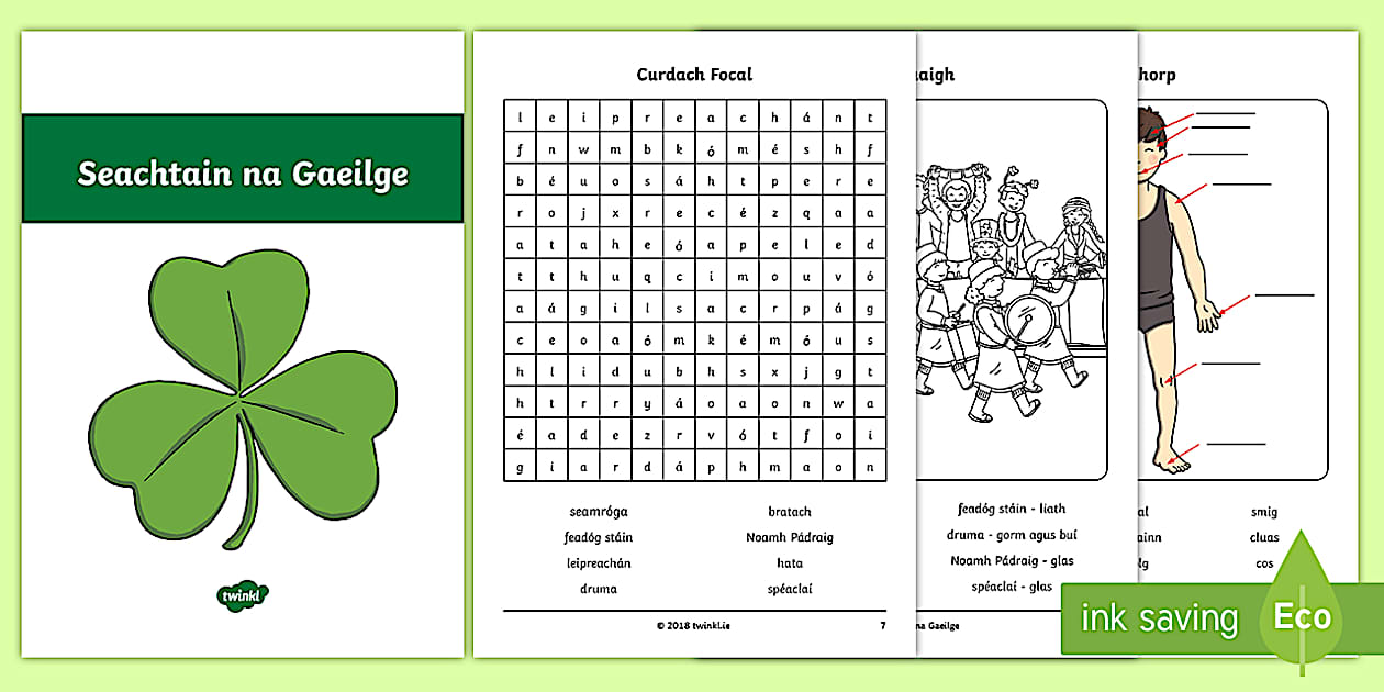 Black and White Seachtain na Gaeilge 1st/2nd Class Activity Booklet Gaeilge