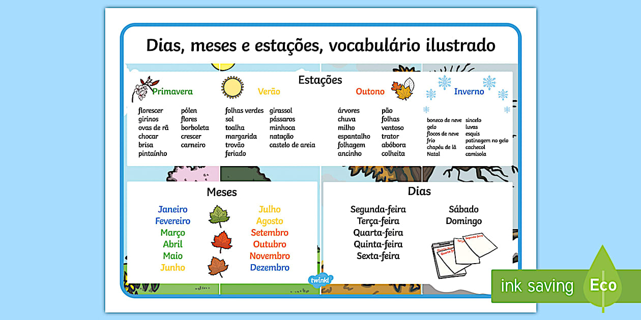 Dias, meses e estações, vocabulário ilustrado portuguese