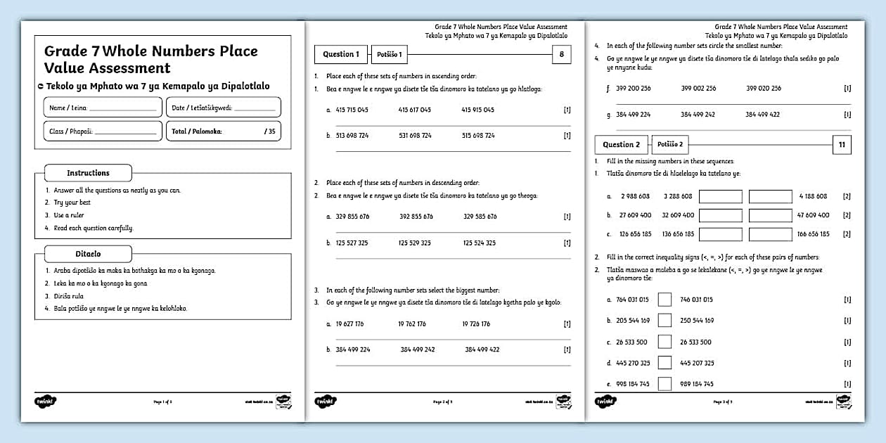 Grade 7 Whole Numbers and Place Value -Assessment - Sepedi