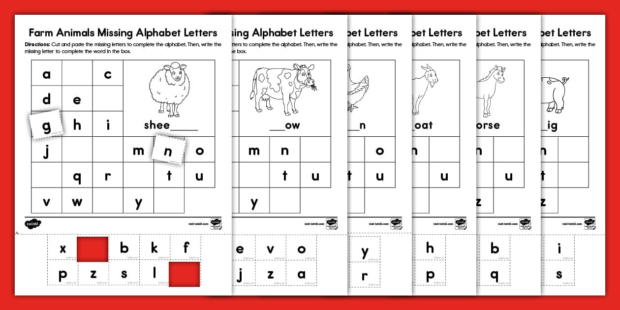 Farm Animals Missing Alphabet Letters Cut and Paste - Twinkl