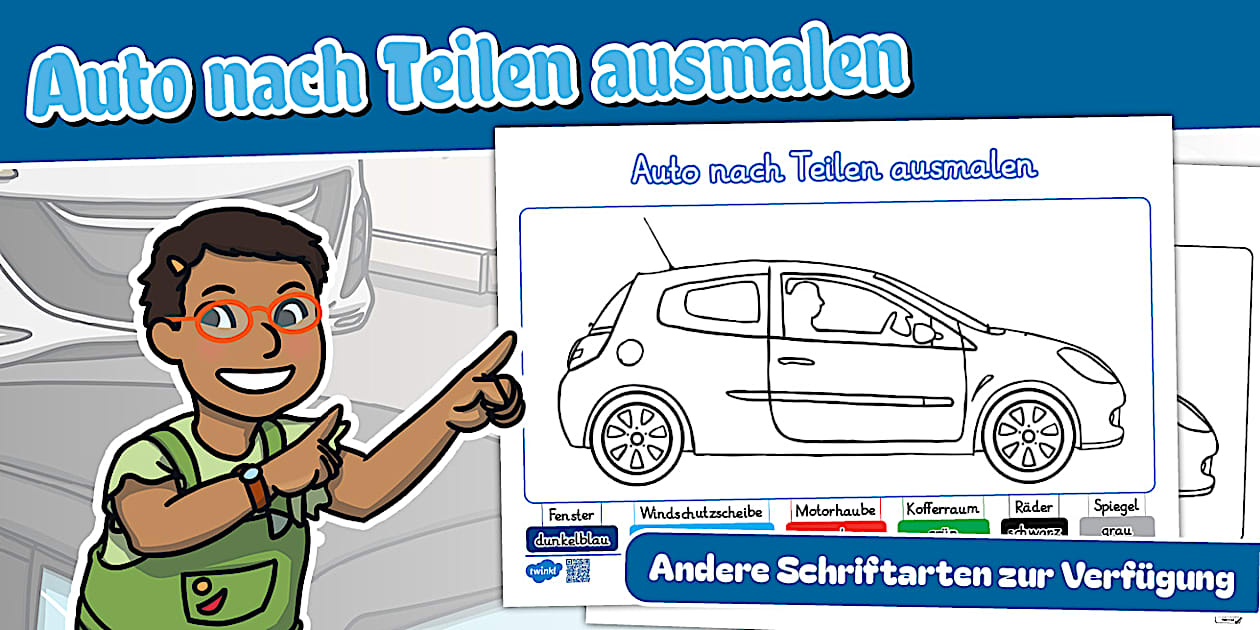 Auto nach Teilen ausmalen - Arbeitsblatt