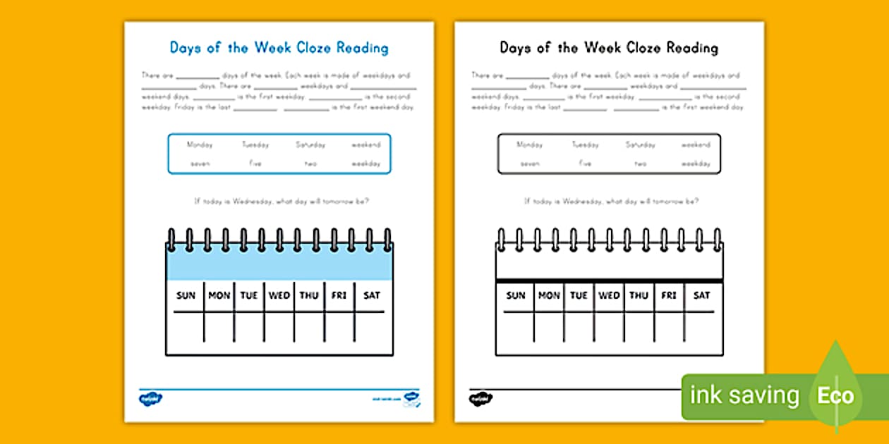 Editable Days of the Week Cloze Reading Activity Worksheet for K-2nd Grade