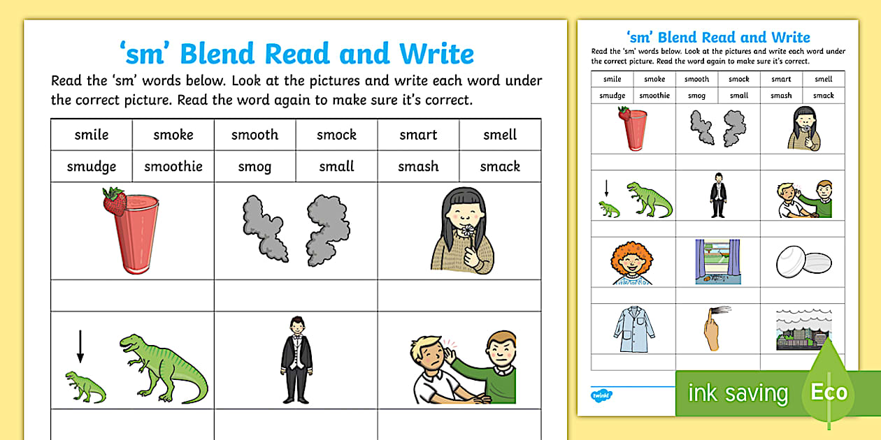 Black and White 'sm' Blend Read and Write Worksheet - Twinkl
