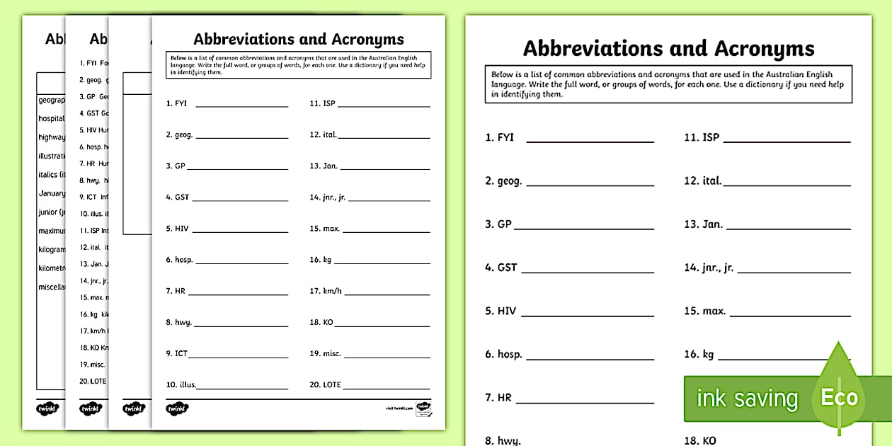 Abbreviations and Acronyms Set 3 Worksheet / Worksheet