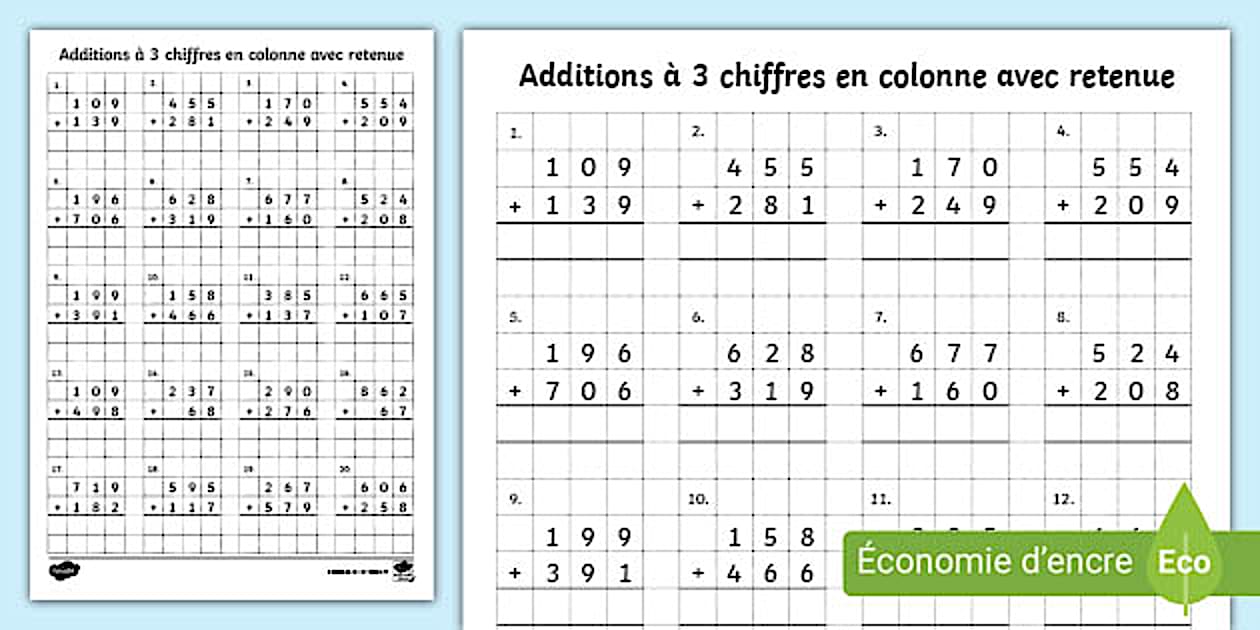 Additions à trois chiffres en colonne avec retenue - Twinkl