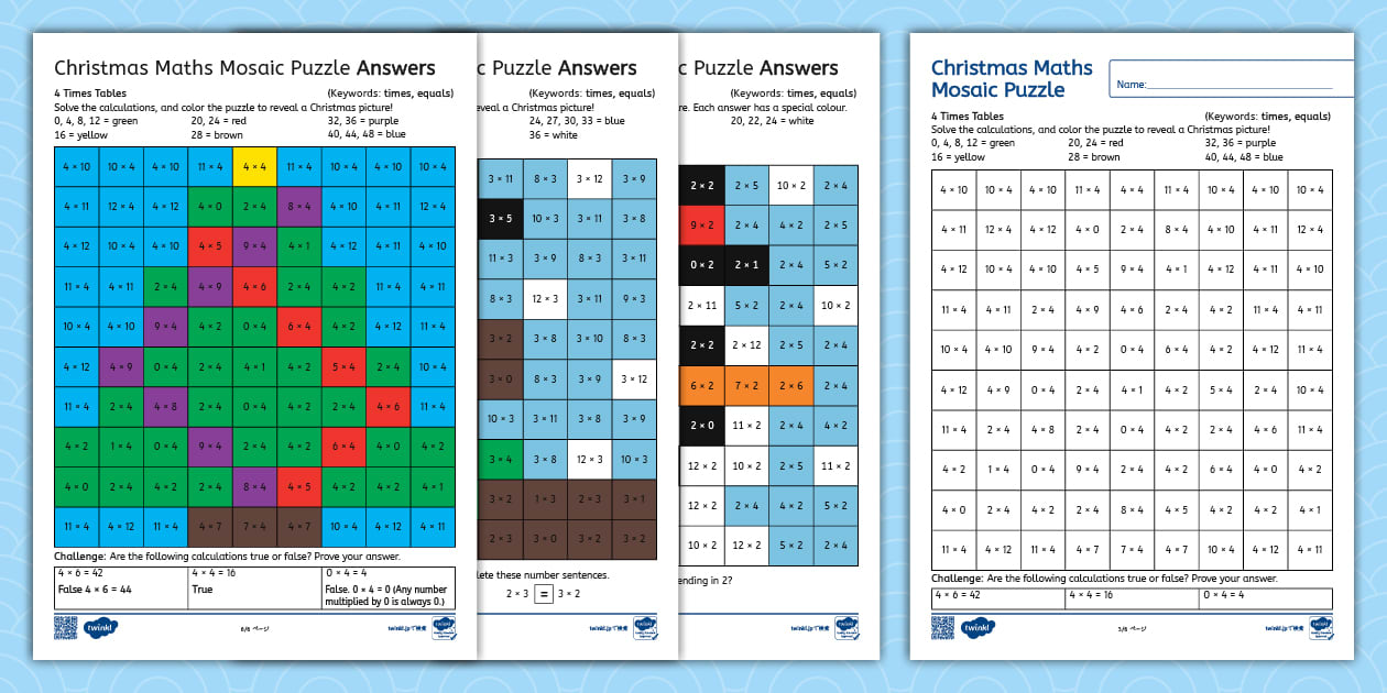 Christmas Math Mosaic Puzzles Multiplication クリスマスモザイクパズル 掛け算
