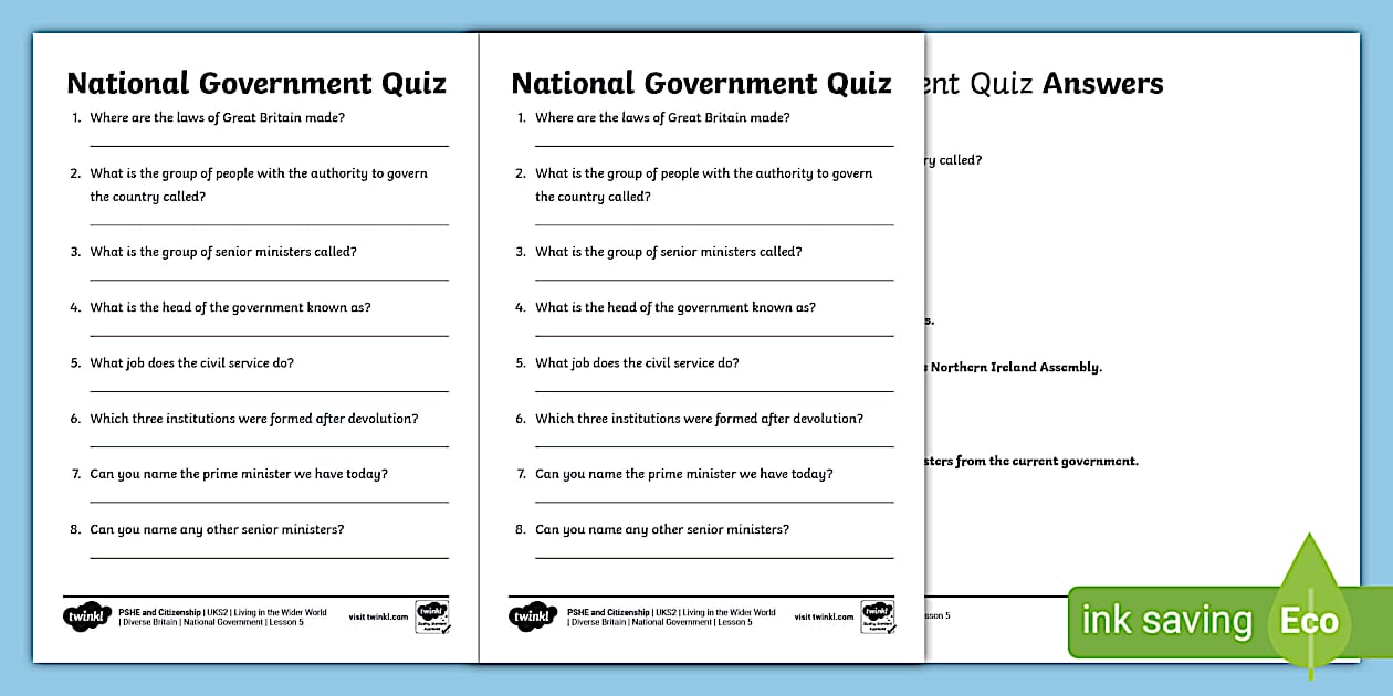 KS2 National Government Quiz - PSHE and Citizenship - Twinkl