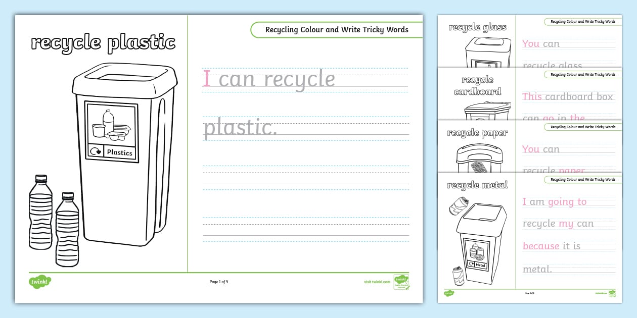 Recycling Colour and Write Tricky Words Activity Sheet