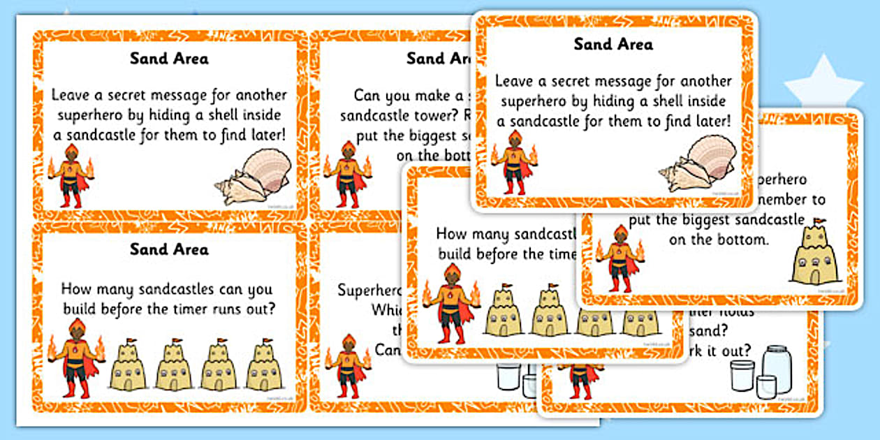 Black and White EYFS Superhero Themed Sand Area Challenge Cards