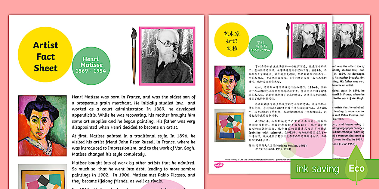 Artist Fact Sheet Henri Matisse English/Mandarin Chinese