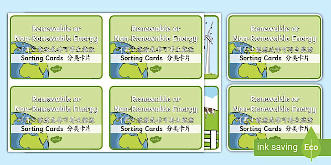 Renewable and Non-Renewable Energy Sorting Cards - English/Mandarin Chinese