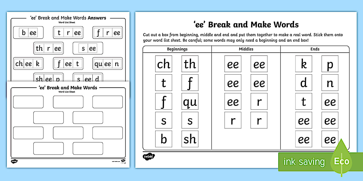 Editable ee Sound Break and Make Worksheet (teacher made)