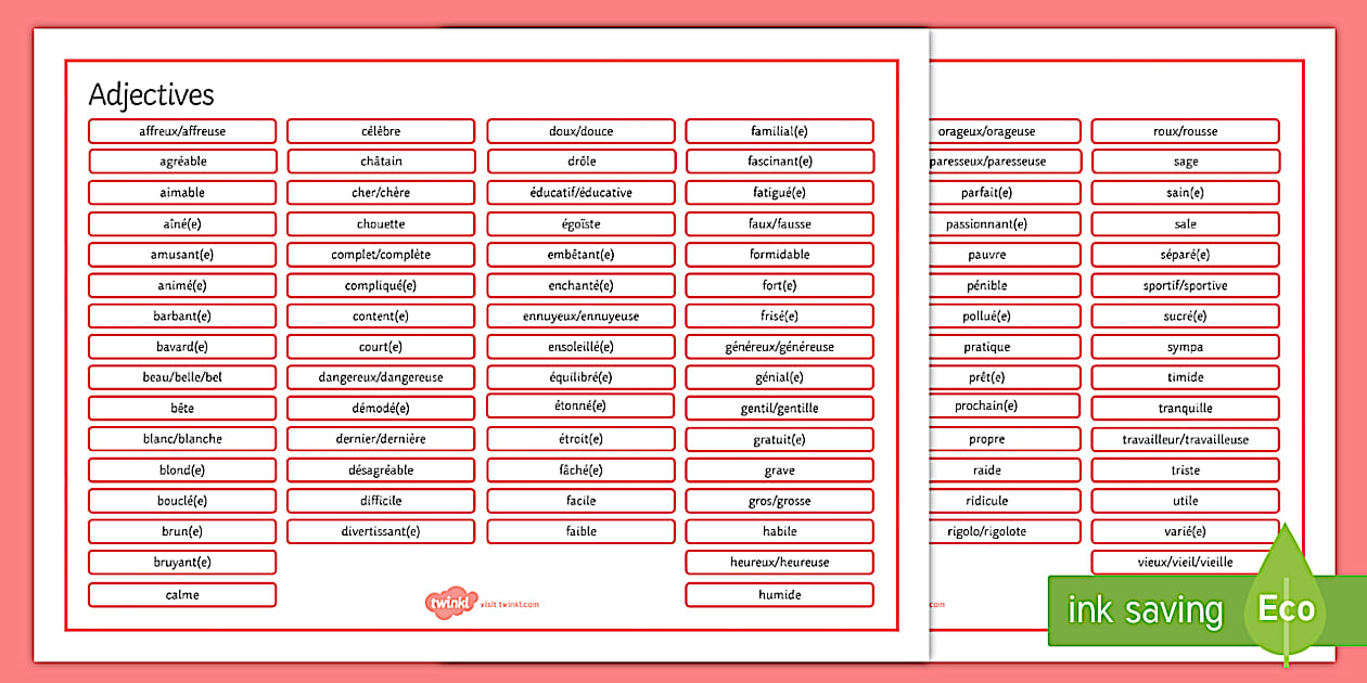 Black and White French Adjectives Word Mat - Twinkl