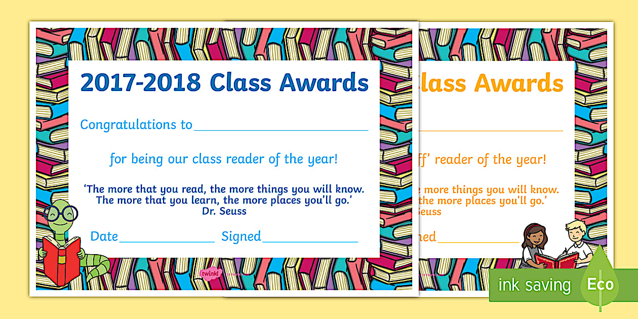 2016-2017 Class Awards Reader of the Year Certificate