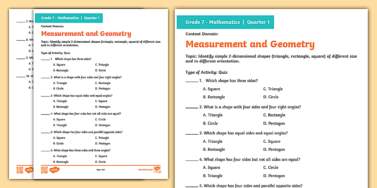 Grade 7 Math -Measurement and Geometry Quiz (teacher made)