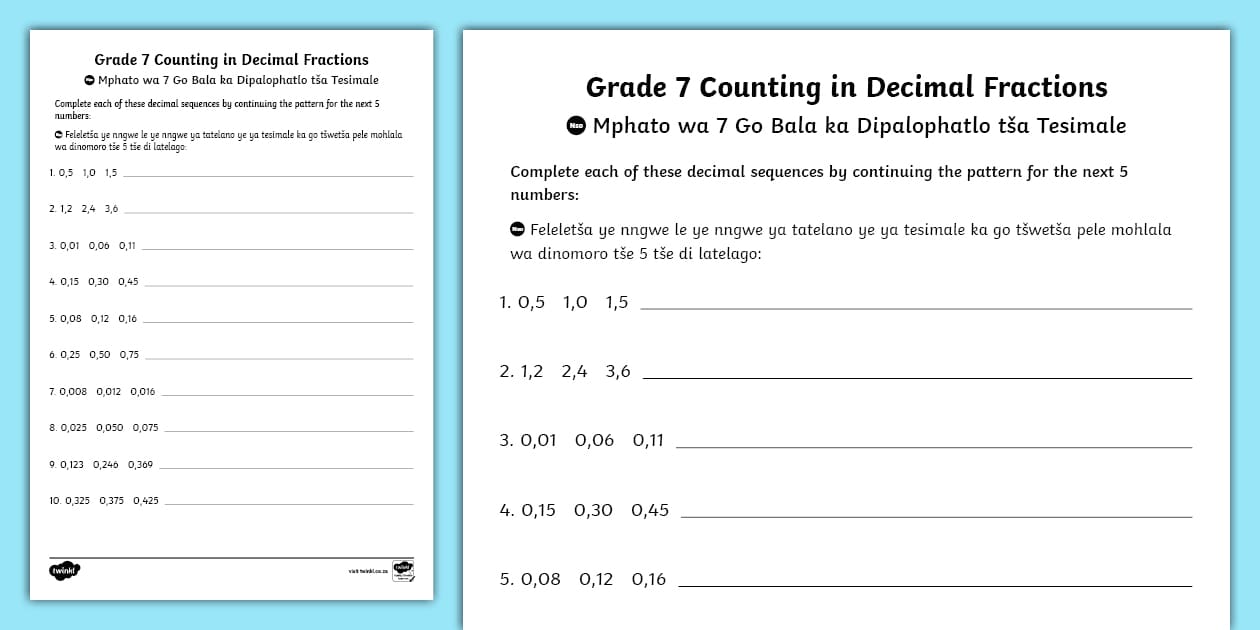 Grade 7 Counting in Decimal Fractions Activity Sheet Sepedi