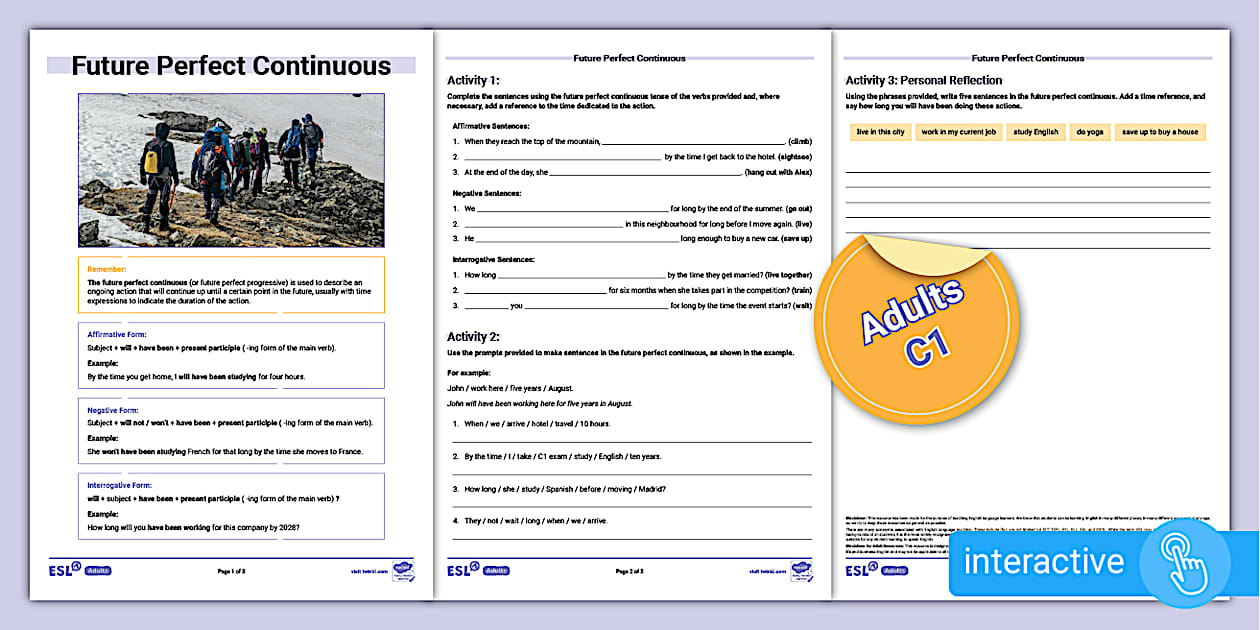 ESL Future Perfect Continuous Activity Sheet [Adults, C1]