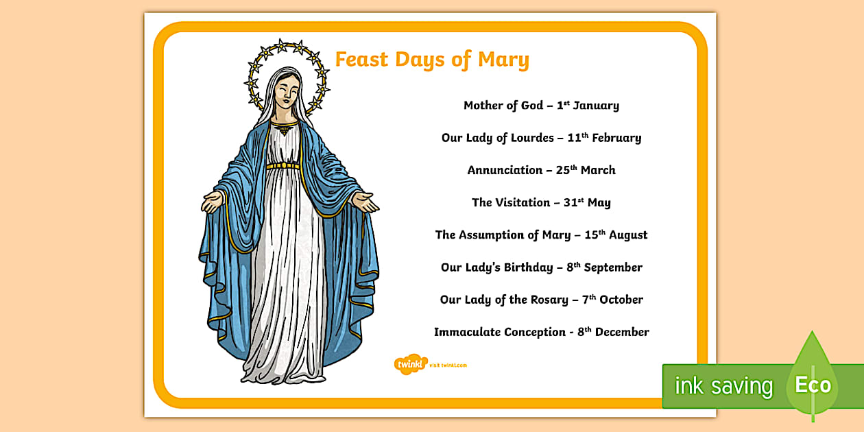 Precursive Feast Days of Mary A4 Display Poster - Twinkl