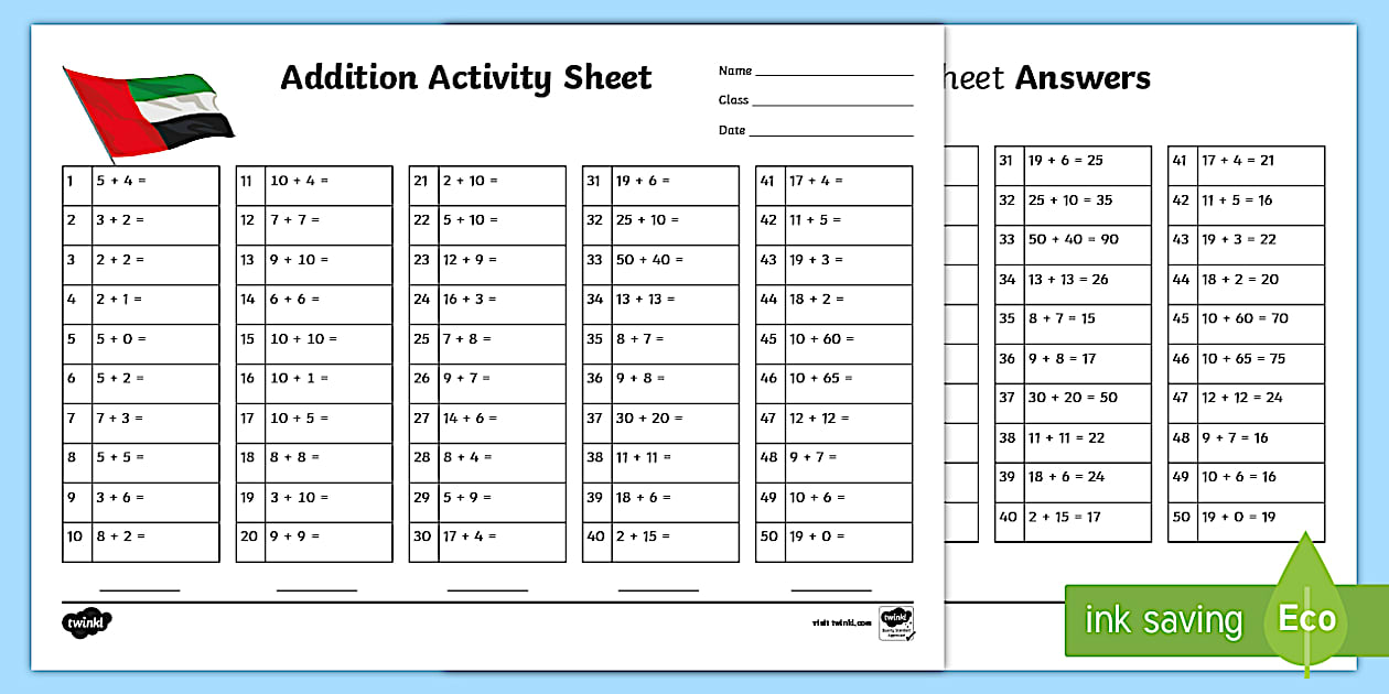 Black and White Addition Facts Worksheet - Twinkl