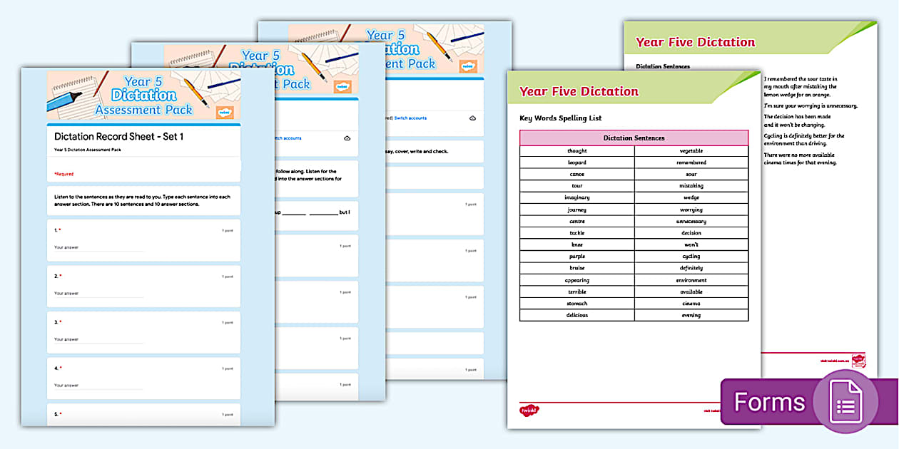 Year Five Dictation Google Forms Assessment Pack Ι Digital