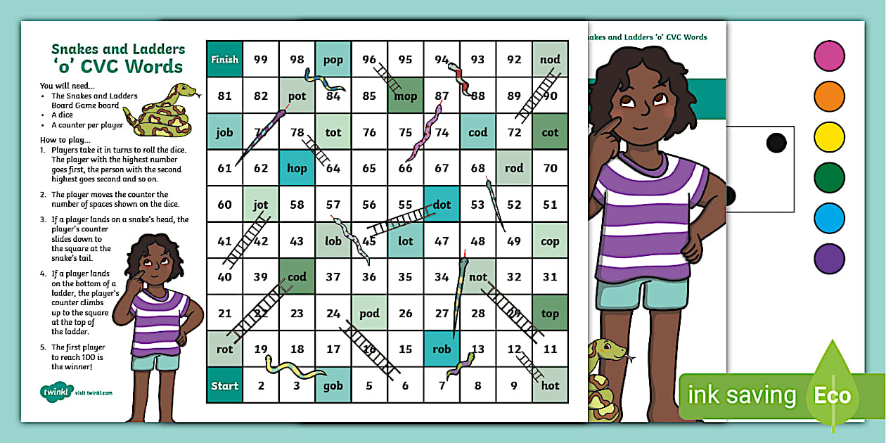 Snakes and Ladders 'o' CVC Words Board Game