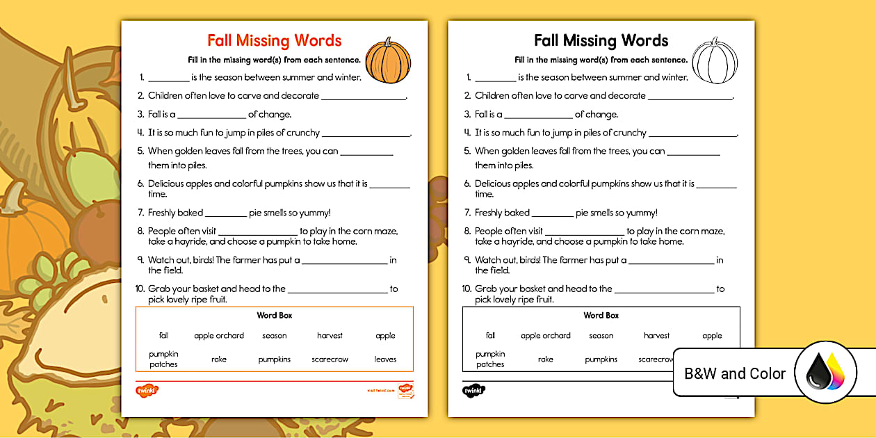 Fall Complete the Sentence Missing Vocabulary Worksheet for 1st-2nd Grade