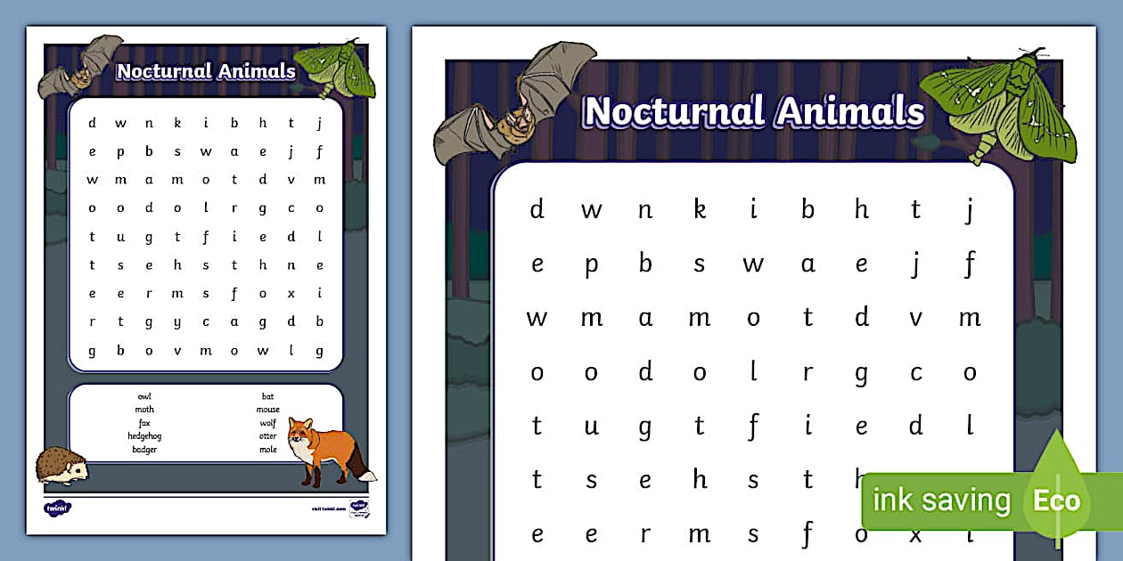 KS1 Nocturnal Animals Word Search (teacher made) - Twinkl