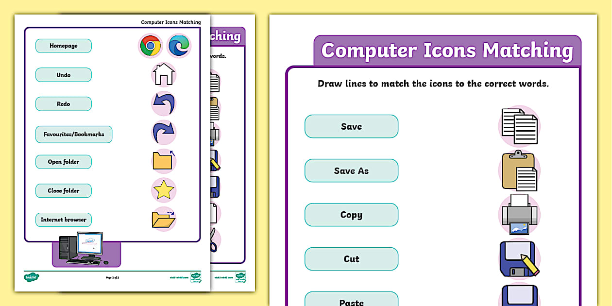KS1 Computer Icons Matching Worksheet - Twinkl - Computing