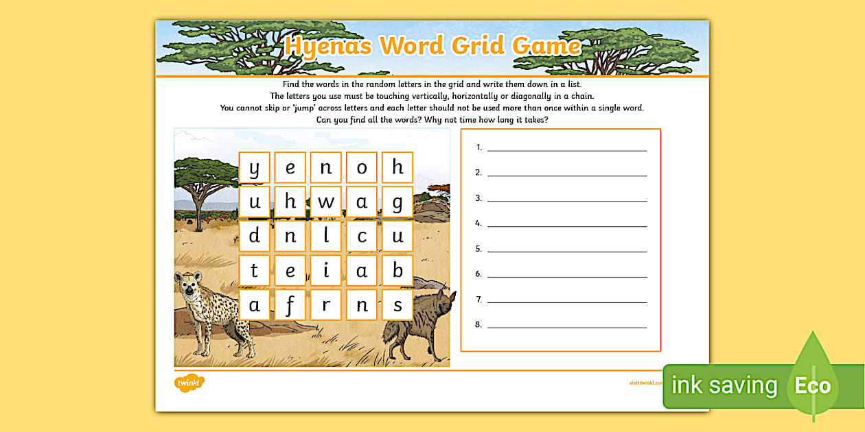 Hyenas Word Grid Game (teacher made) - Twinkl