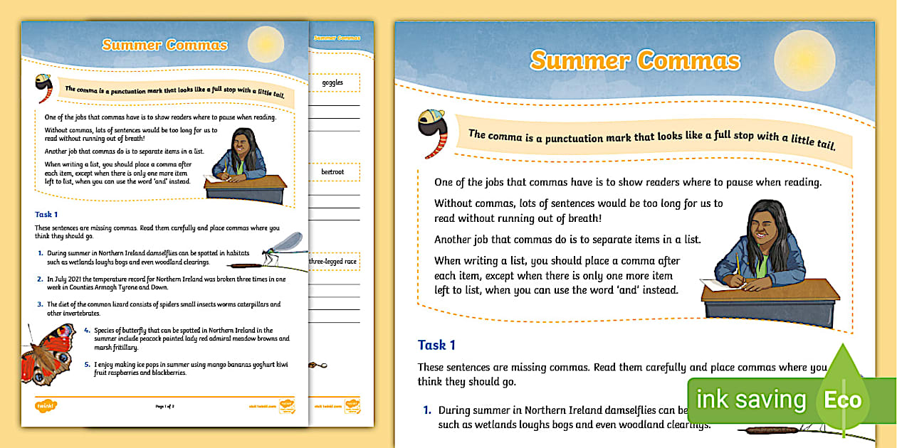 Summer Commas Activity Sheet (creat de profesori) - Twinkl