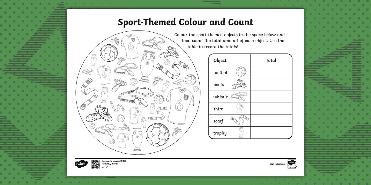 👉 Sport-Themed Colour and Count Worksheet