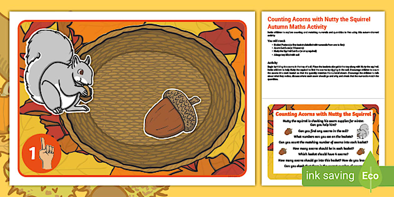 Black and White Counting Acorns with Nutty the Squirrel Autumn Maths ...