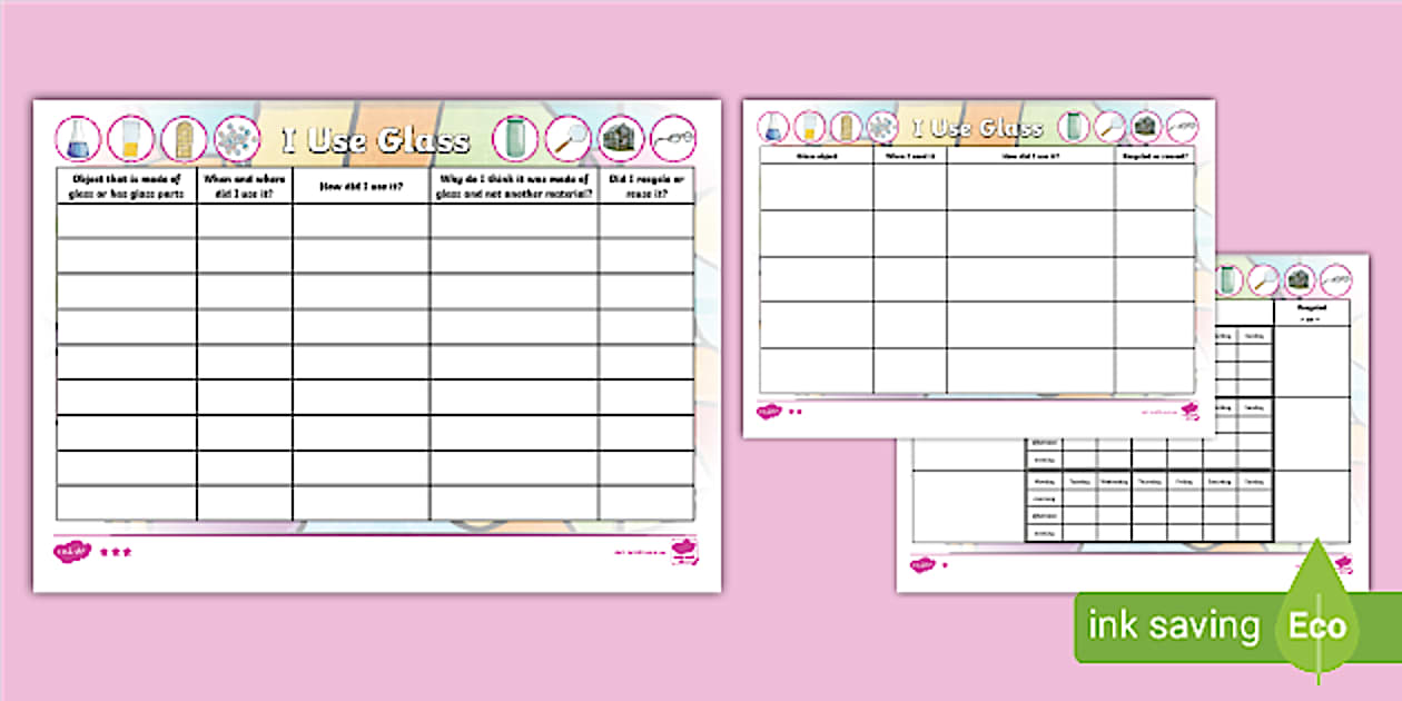 Glass Use Recording Activity Sheets | F-2 Chemical Sciences