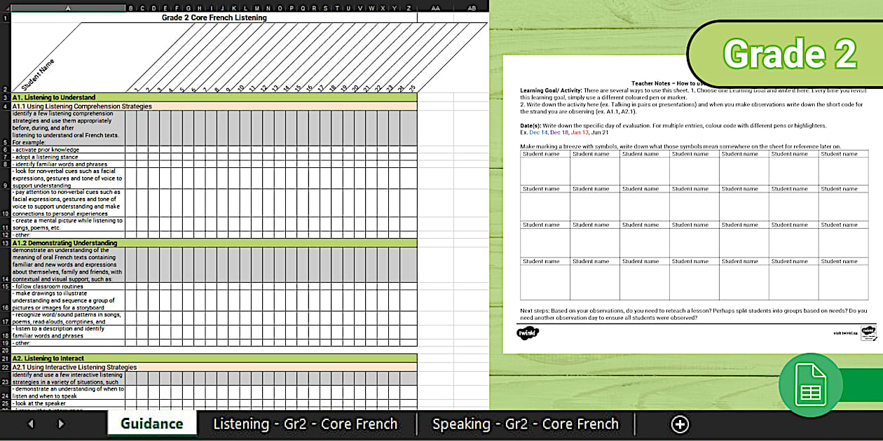 Core French Editable Recording Sheets Ontario Grade 2
