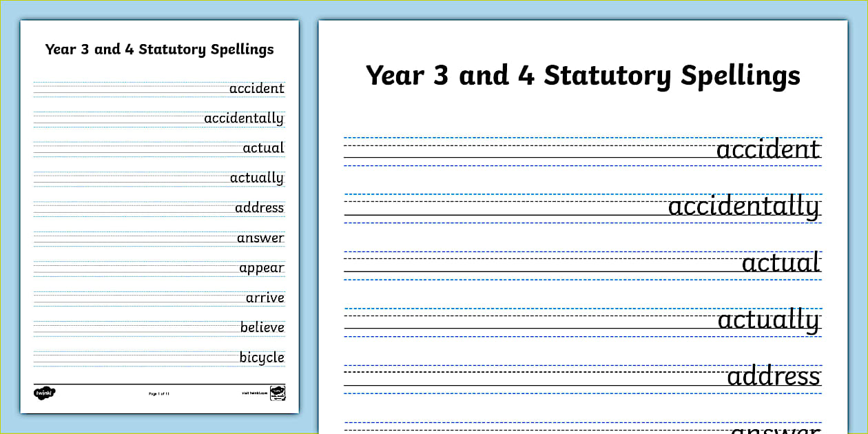 Left-Handed Writers:Year 3/4 Statuatory Spelling Handwriting