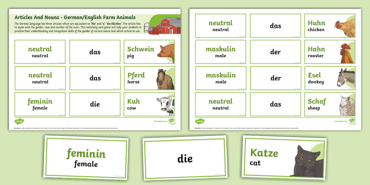 Articles And Nouns Farm Animal Matching Cards - German/English