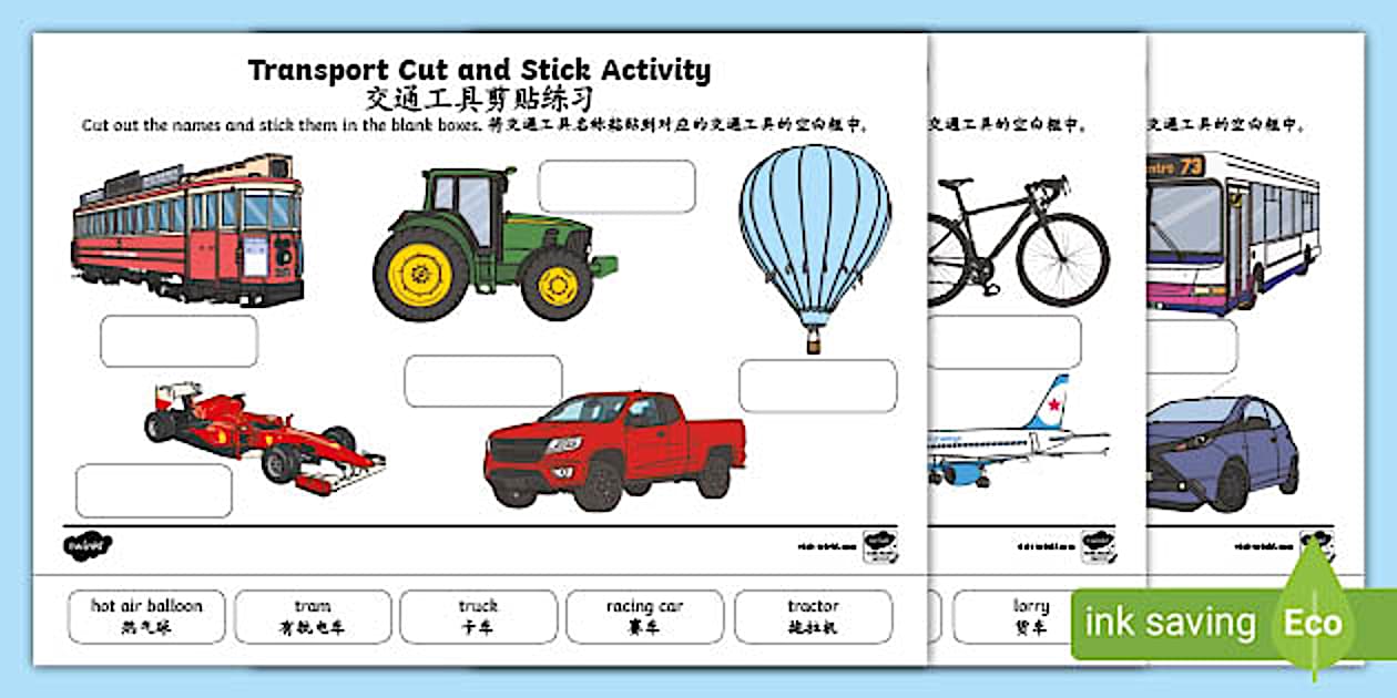 Transport Scene Labelling Cut and Stick Worksheet - English/Mandarin ...