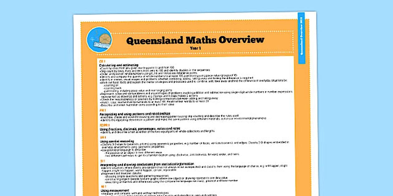 Queensland Curriculum Year 1 Maths Numeracy Syllabus Overview - australia