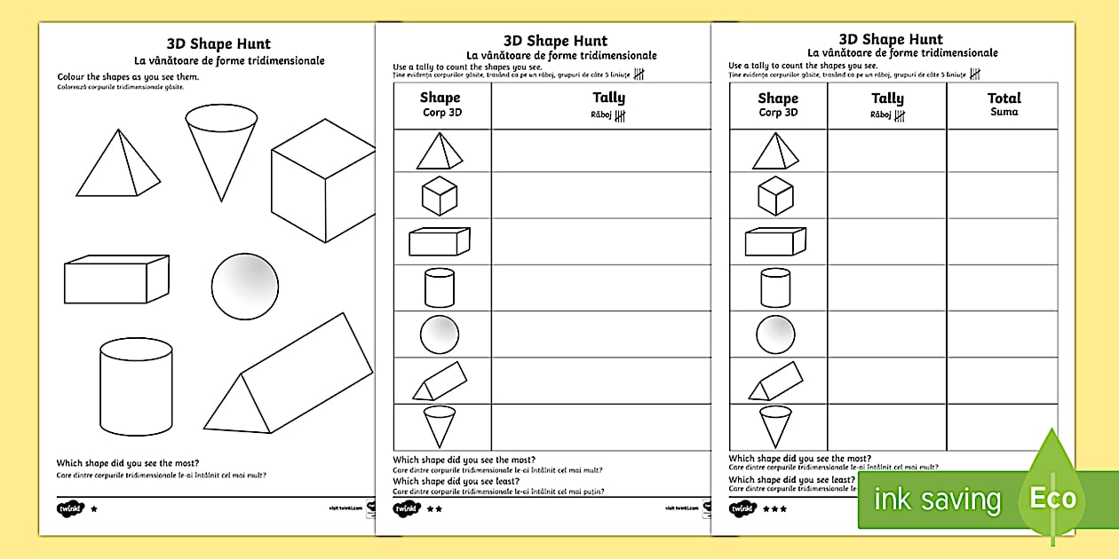 3D Shape Hunt Worksheet / Worksheet English/Romanian - 3D Shape Hunt ...