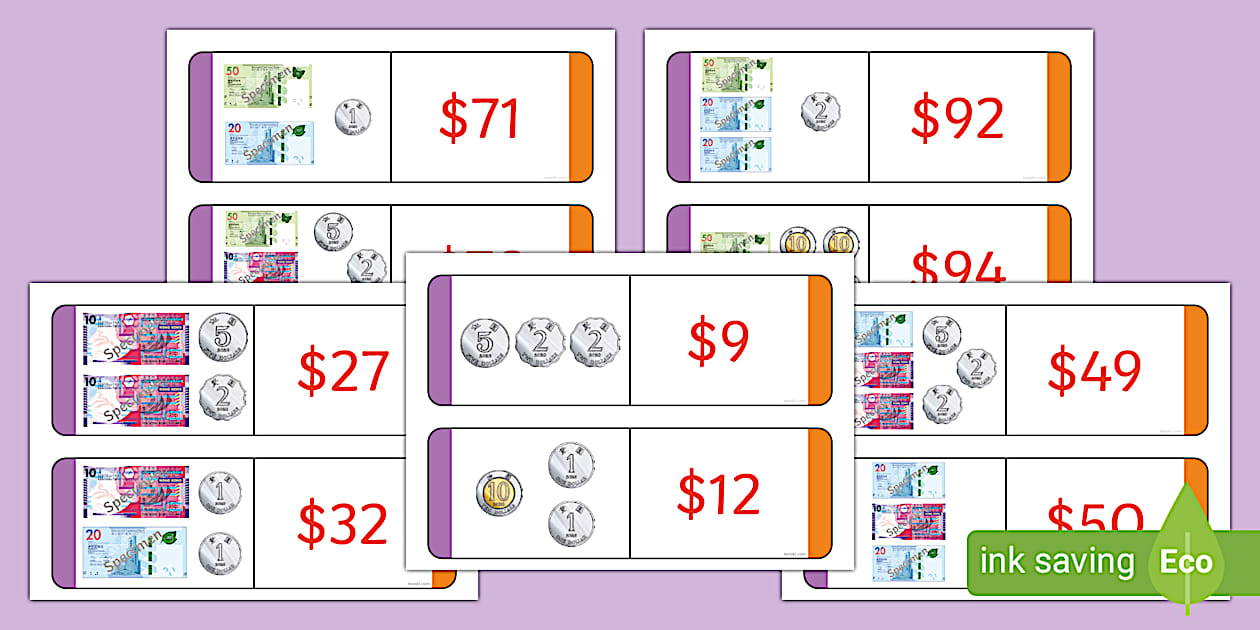 Hong Kong Money - Match whole dollar amounts to notes and coins up to $100