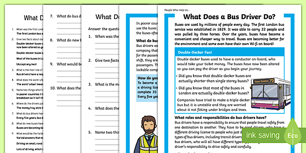 What Does a Bus Driver Do? Reading Comprehension - Twinkl