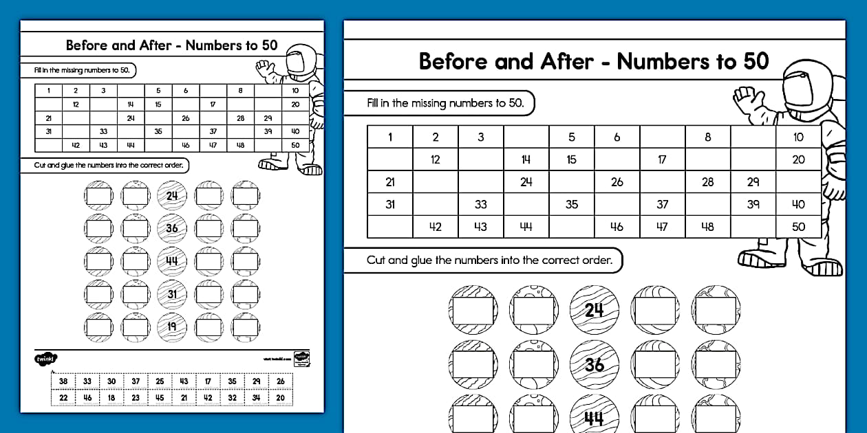 First Grade Before and After - Numbers to 50 Worksheet