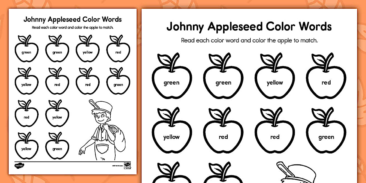 Johnny Appleseed Read and Color the Words Worksheet - Twinkl