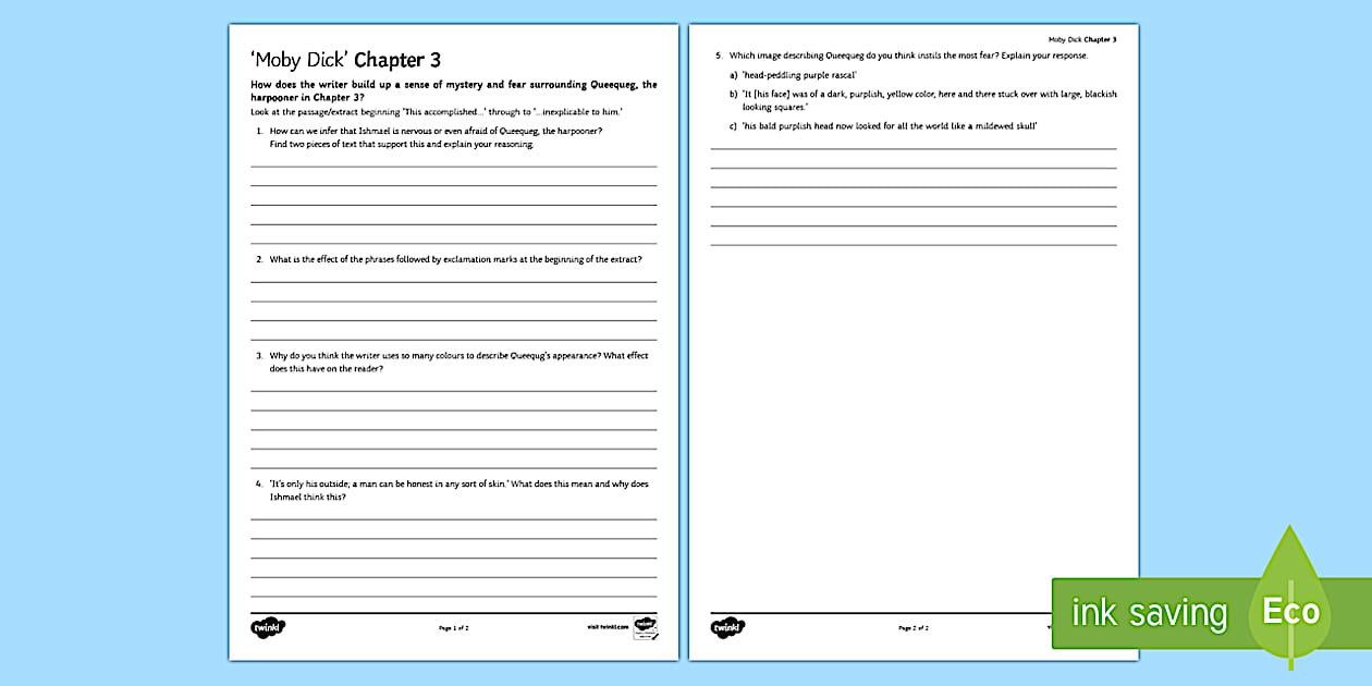 GCSE 'Moby Dick': Chapter 3 Guided Reading Worksheet / Worksheet