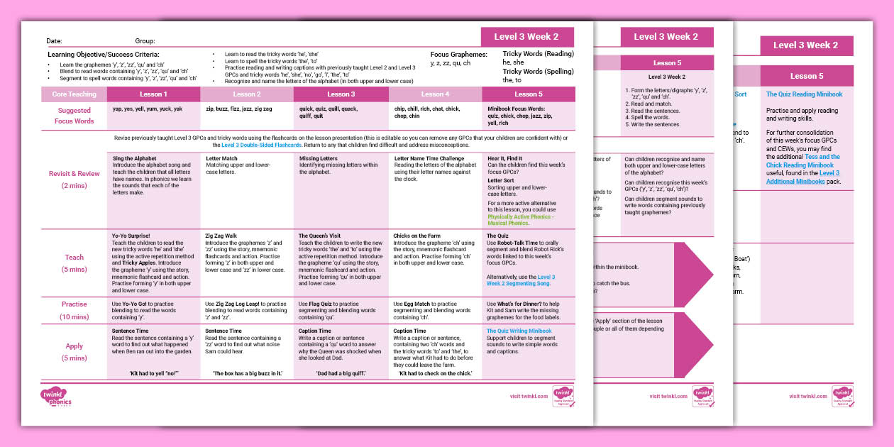 'y, z, zz, qu, ch' Lesson Plan - Level 3 Week 2 Phonics